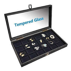 MOOCA Natural Wood Tempered Glass Top Jewelry Display Case Accessories Storage Box with Metal Clasp & Removable 24 Compartment Flocked Tray Liner, Wooden Jewelry Tray for Collectibles, Black