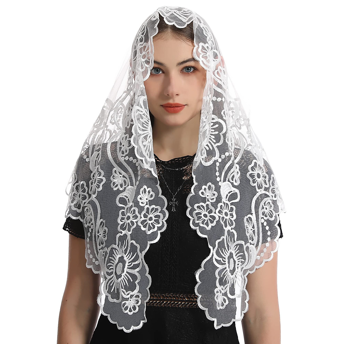 Bozidol Triangle Lace Chapel Veils - Madonna Camellia Embroidered Head Covering for women