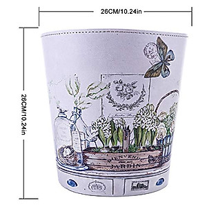 Scakbyer Wastebasket, British Style PU Leather Round Decorative Trash Bin Garbage Can Wastebasket Without Lid for Living Room Home Office - Plants and Butterfly