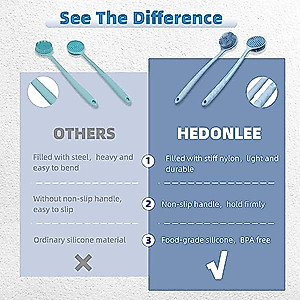 HEDONLEE Silicone Back Scrubber for Shower, Silicone Body Scrubber, Silicone Bath Body Brush with Long Handle and Hook, Dual-Sided Shower Brush for Men and Women (Blue)