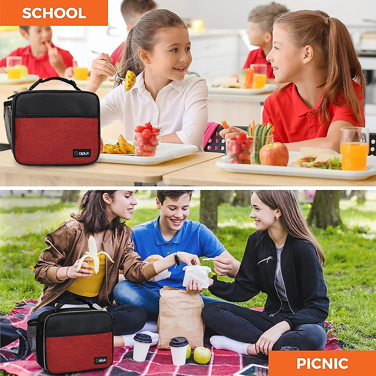 OPUX Insulated Lunch Bag Kids, Lunch Box for School Boy Girl, Leakproof Small Reusable Compact Soft Mini Cooler Bag, Toddler Small Lunch Boxes Kit Pail with Front Side Pockets (Red)
