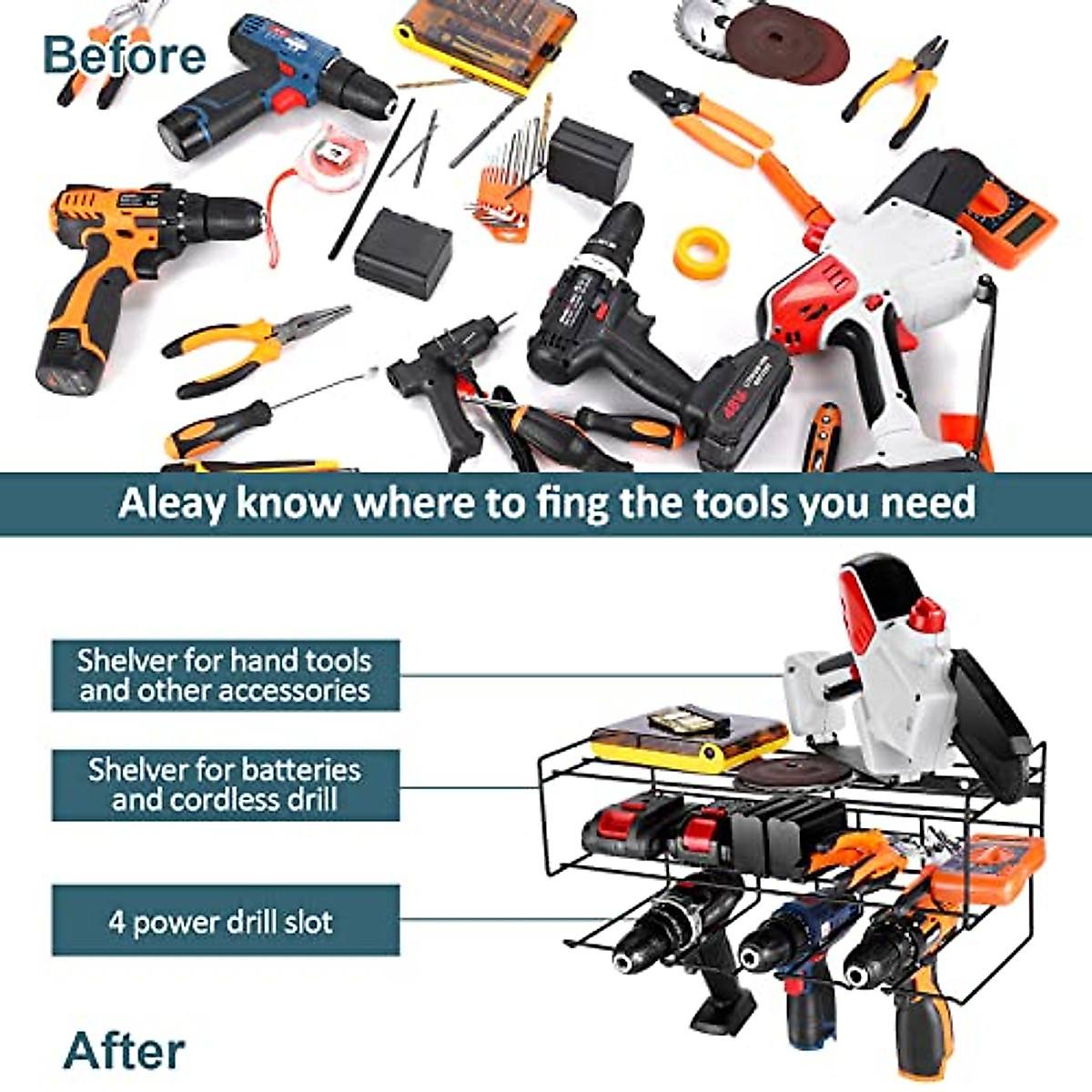 Soldow Power Tool Organizer Drill Storage Rack, Heavy Duty Floating Tool Shelf Wall Mounted, Cordless Drill Holder Hanging Steel Rack for Tools Storage Garage, Pegboard, Plank, Cement Wall