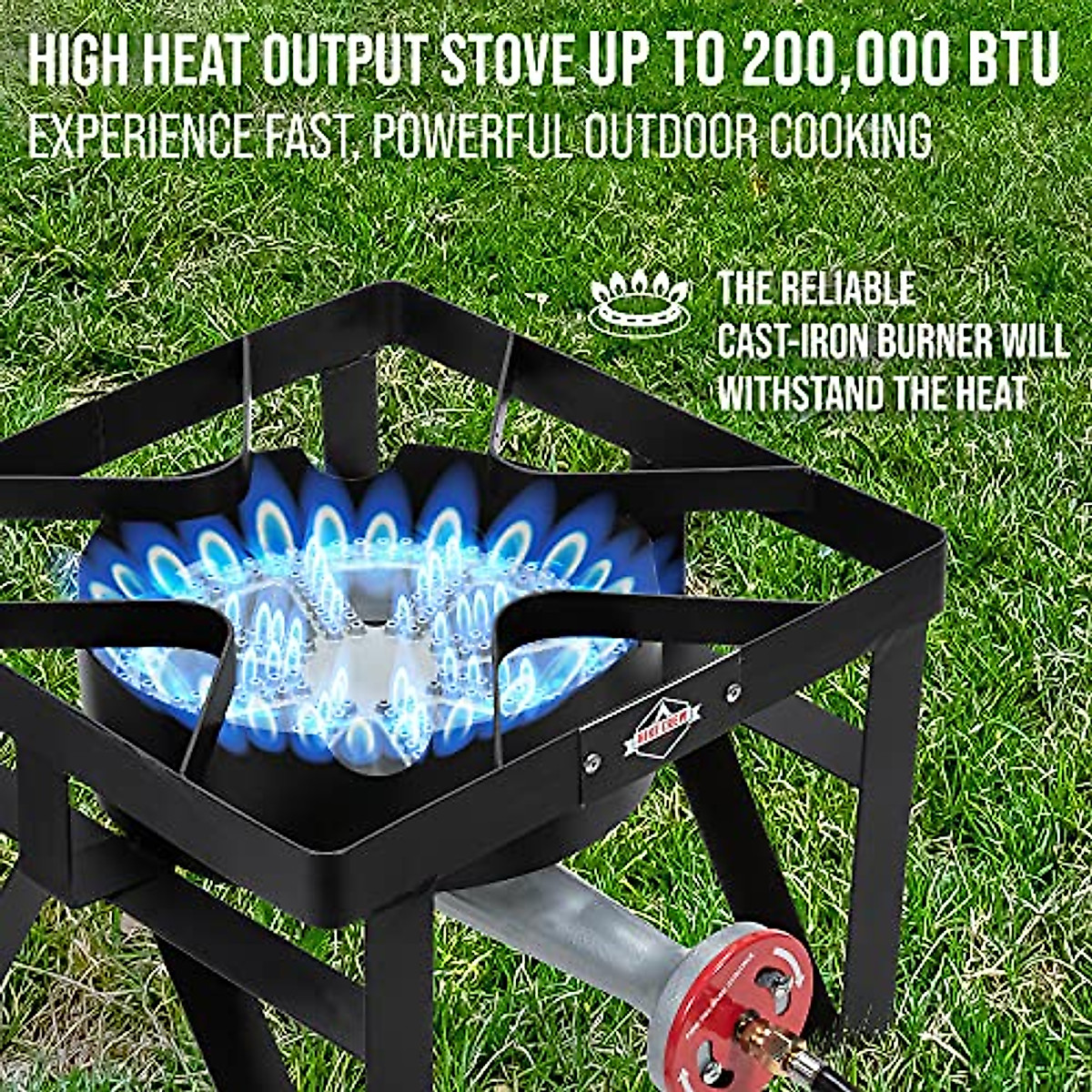 Hike Crew Cast Iron Single-Burner Outdoor Gas Stove | 220,000 BTU Portable Propane-Powered Cooktop | with Blue Flame Air Control Panel, Hose with Adjustable 0-20 PSI Regulator