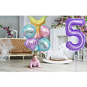 Mermaid Birthday Party Decorations, Mermaid Birthday Party Supplies Included Mermaid Tail Seashell and 40 Inch Purple Number 5 Balloons, Girl's 5th Birthday Party and Baby Shower Favors