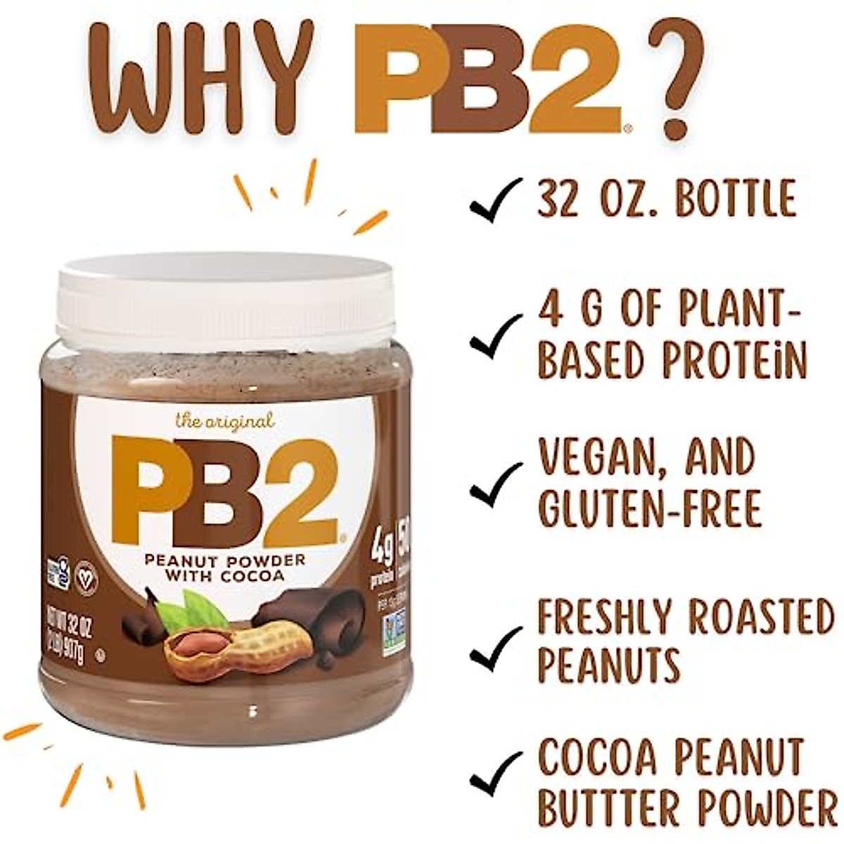 PB2 Powdered Chocolate Peanut Butter with Cocoa - 4g of Protein, 90% Less Fat, Certified Gluten Free, Only 50 Calories per Serving for Shakes, Smoothies, Low-Carb, Keto Diets…