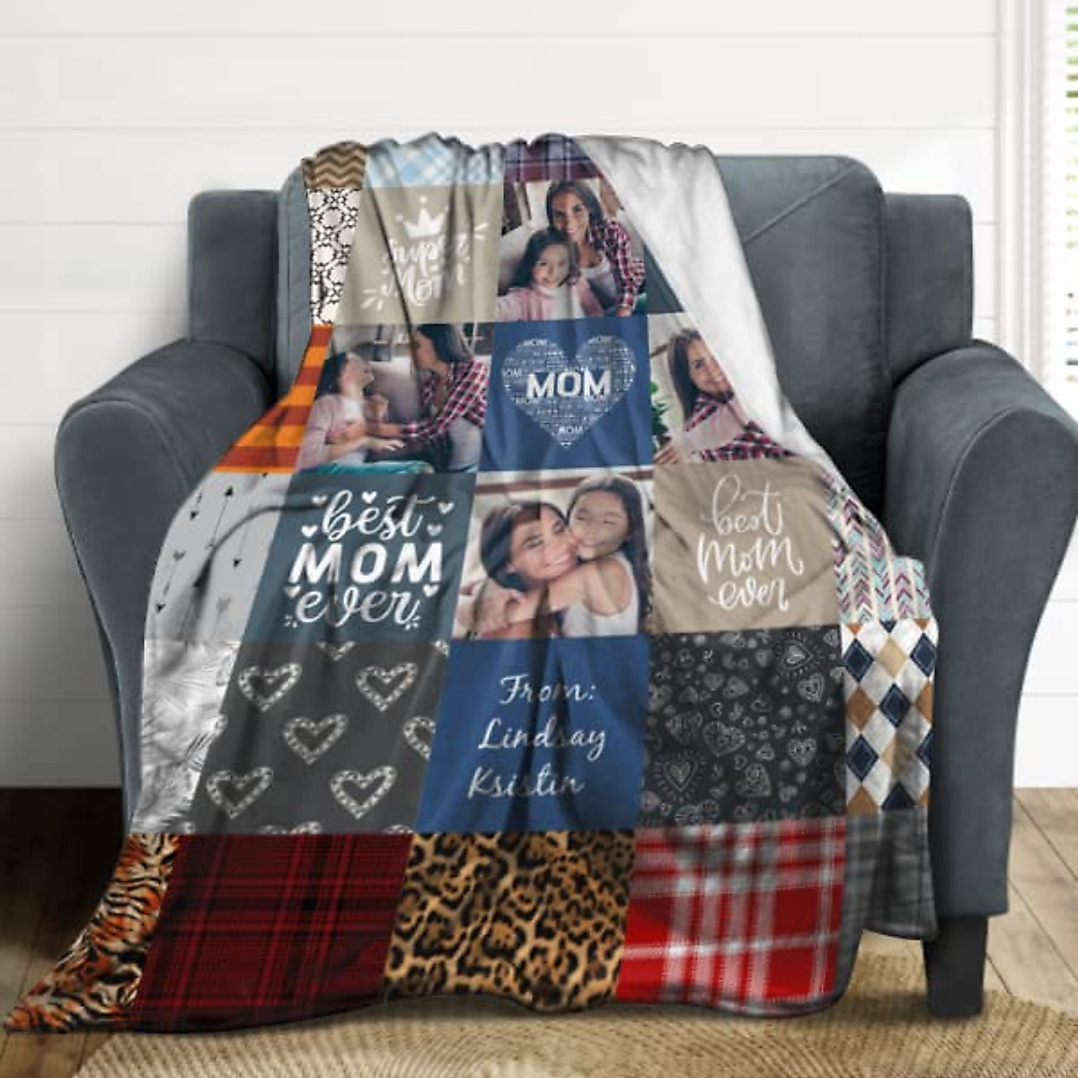 D-Story Best Mom Ever Custom Blanket Memorial Gift for Mom: Made in USA, Personalized Photo Text Throw Blanket as Gift from Daughter Son Lightweight Blanket for Bed, Camping and Travel