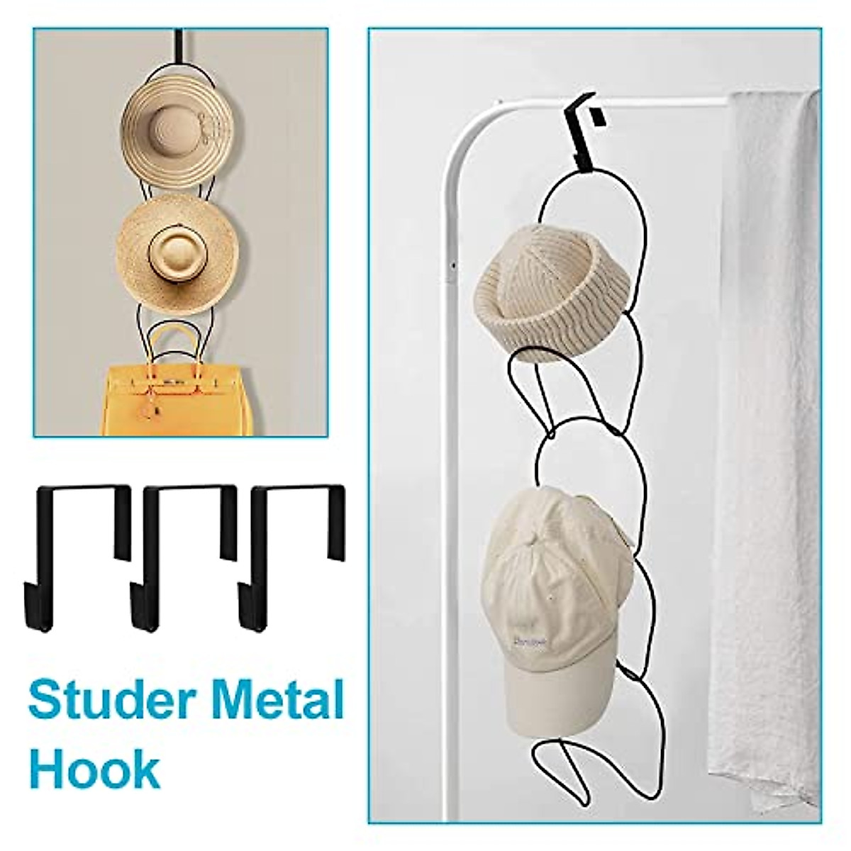 LMIP 15 Pack Hat Holder, Hanging Hat Holder Baseball Hat Holder Wig Organizer, Multifunctional Door/Wall Hat Organizer for Scarves, Handbags, Towels, Clothes, Tie Doors, Wall Hooks, Black (Black)