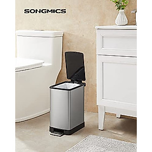 SONGMICS Bathroom Trash Can, 1.5 Gallon (5.7L) Garbage Can with 15 Trash Bags, Stainless Steel Step Bin, Removable Inner Bucket with a Metal Handle, Soft Closure, Silver and Black ULTB105E01