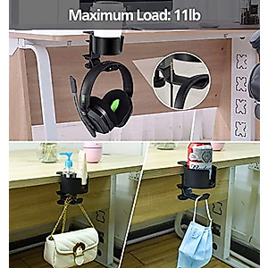 Headphone Hanger with Cup Holder, 1 Pack/2 Pack 2-in-1 Anti-Spill Cup Holder with Under Desk Headphone Hanger, 360° Rotation Headphone Holder Aluminum Headset Stand Headphone Hook (2 Pack)