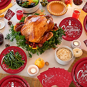 Merry Christmas Tableware Set for 25 Guests, Red Paper Plates Set with Plates Napkins Cups Straws Cutlery for Christmas Party Supplies, 200 pcs Disposable Party Dessert Dinnerwares