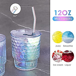 NiHome Glass Tumblers with Straws and Lids, Iridescent Iced Coffee Cup Drinking Glassware with Wide Mouth,Rainbow Glass Drinking Jars for Beer, Whiskey, Cocktail, Beverages & Soda Drinks, 2PCS 12oz