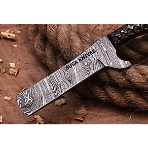 SUSA KNIVES Handmade Damascus Steel Bull Cutter Knife, Cowboy Fixed Blade knife, Wood Handle, EDC Knife PANCAKE Leather Sheath Gift For Men