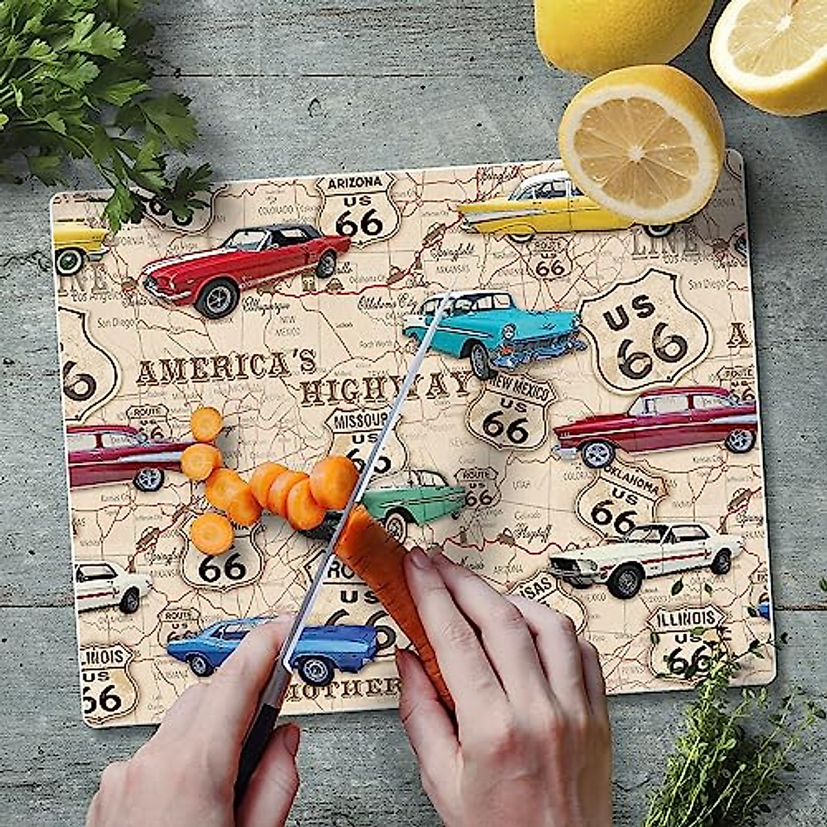 CounterArt Route 66 Map 3mm Heat Tolerant Tempered Glass Cutting Board 10” x 8” Manufactured in the USA Dishwasher Safe