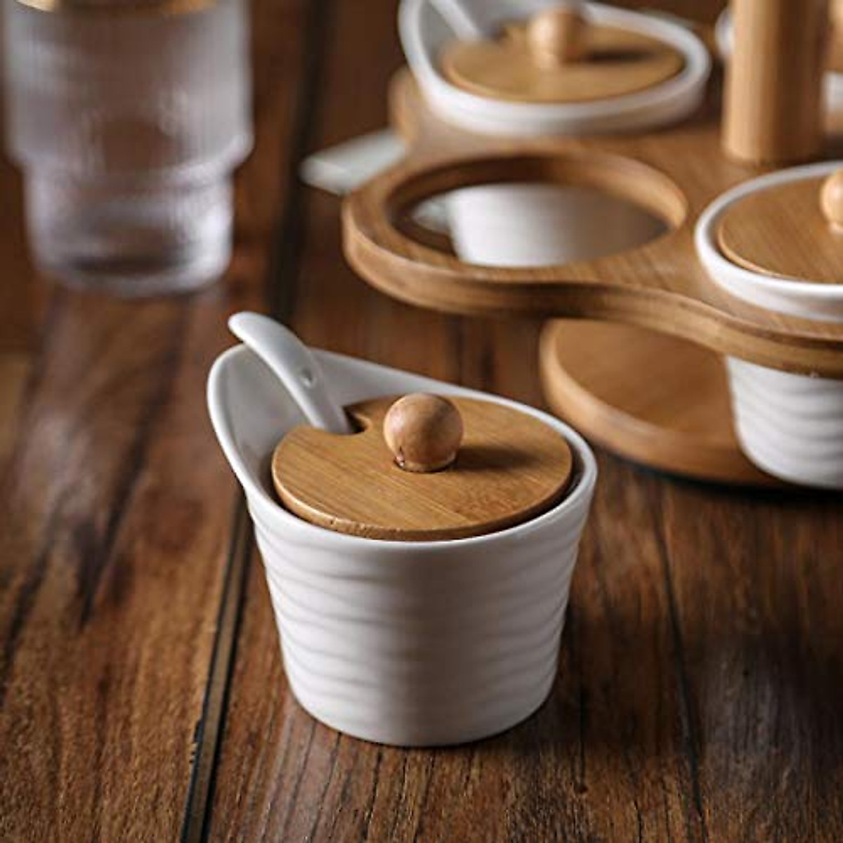 Ceramic Condiment Jar Pots 5 pcs Set durable Round Shape Seasoning Jar with Holder,Spoon and Bamboo Lids for Home Kitchen