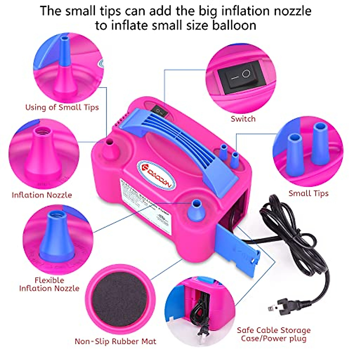 ID IDAODAN Portable Dual Nozzle Rose Red 110V 600W Electric Balloon Blower Pump/Electric Balloon Inflator for Decorations
