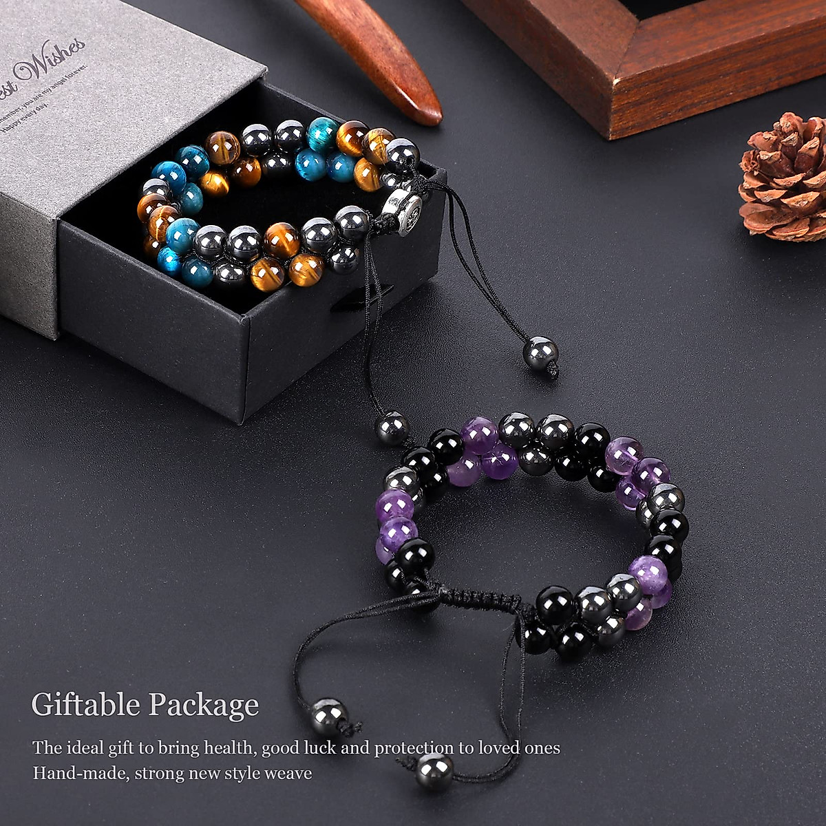 Amethyst Bracelet Triple Protection for Women Men, Purple Crystal Stone Bracelet Combine Hematite Black Obsidian, Enhance charisma and luck And Happiness, Handmade Bead Jewelry Bracelet