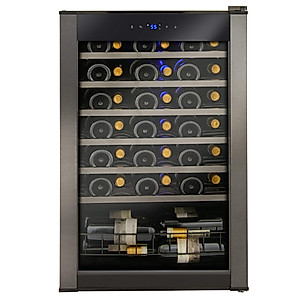 Wine Enthusiast 48-Bottle Evolution Series Wine Refrigerator – Large Freestanding Cooler with Black Stainless Steel Double Pane Glass Door, Shelves & Adjustable Temperature