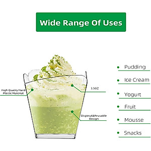 PLAZOTTA 100 Pack 3.5 oz Clear Plastic Dessert Cups with 100 Tasting Spoons, Square Parfait Appetizer Cups for Party, Weddings