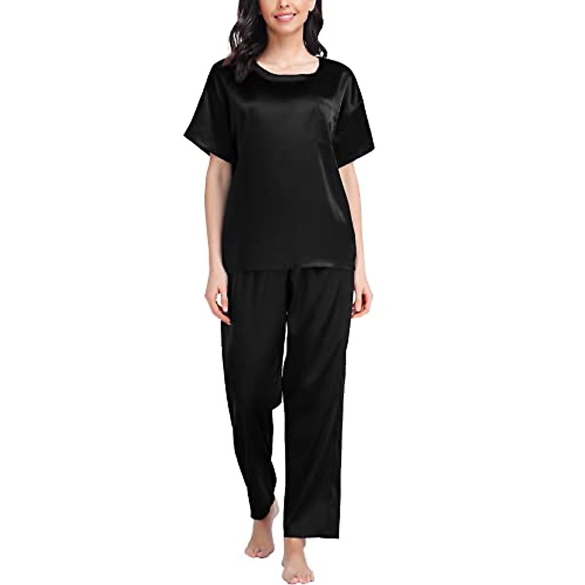SWOMOG Pj set for Women Silk Pajamas Sleepwear Long Pant Pajama Set Soft Pajamas Satin Pjs Loungewear Two Piece Short Sleeve Pj Set Black M