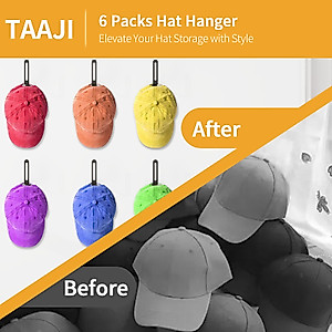 Taaji Hat Hanger for Wall 6 Packs, Adhesive Hat Hooks for Wall, Metal Baseball Hat Rack for Wall No Drilling, Sticky Hat Storage for Baseball Caps