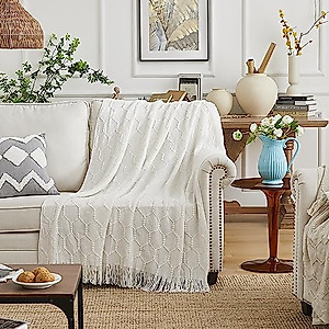 KASYLAN Diamond Knitted Throw Blanket Lightweight Soft Cozy for Bed or Sofa Farmhouse Outdoor Throw Blankets, Travel Blanket, Officeroom Blanket, 50" x 60", White