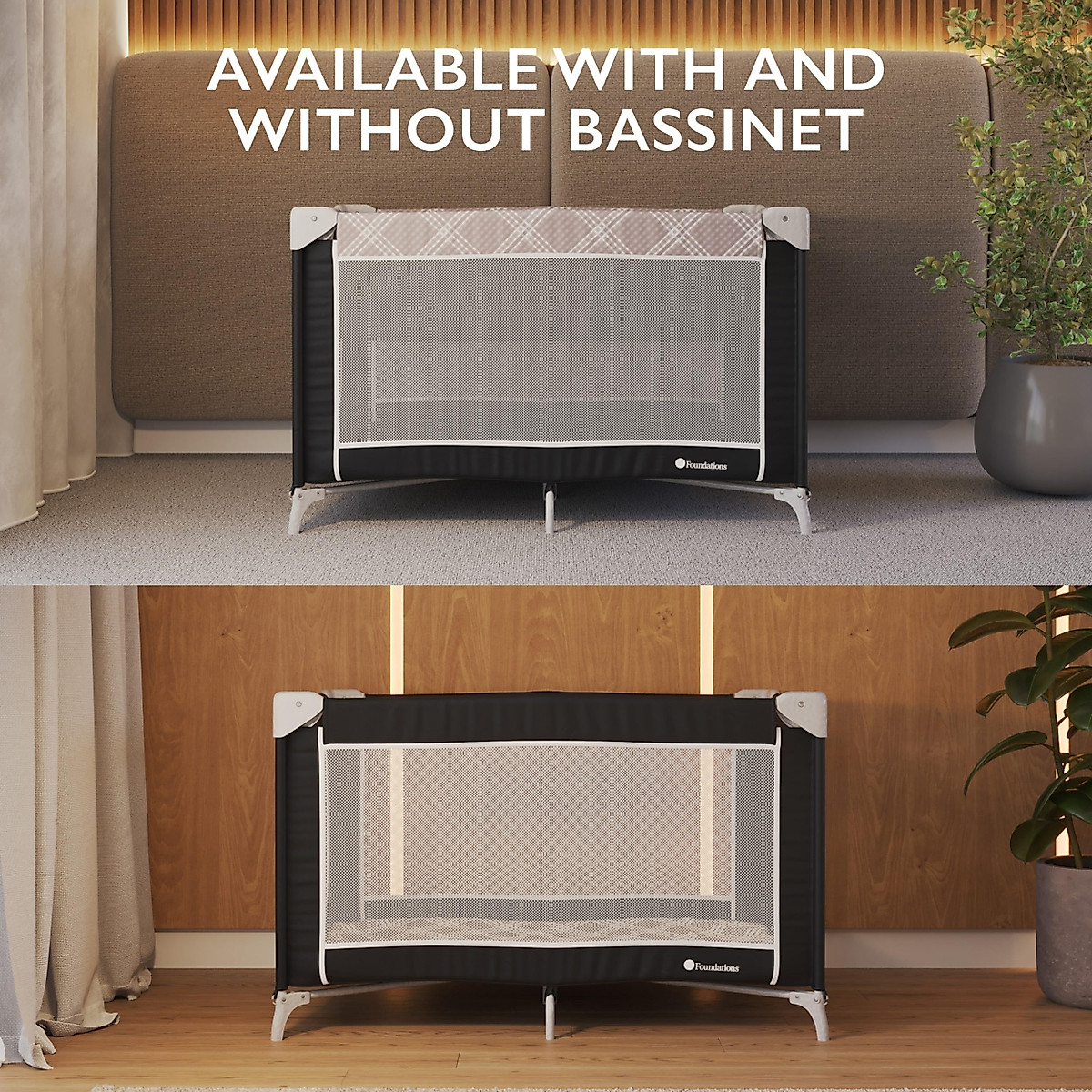 Foundations Sleep 'N Store Baby Pack and Play Yard - Portable Yard with Removable Infant Bassinet - Easy to Store Foldable Travel Play Pen - Includes Storage Bag & Foam Mattress - Mod Plaid Gray