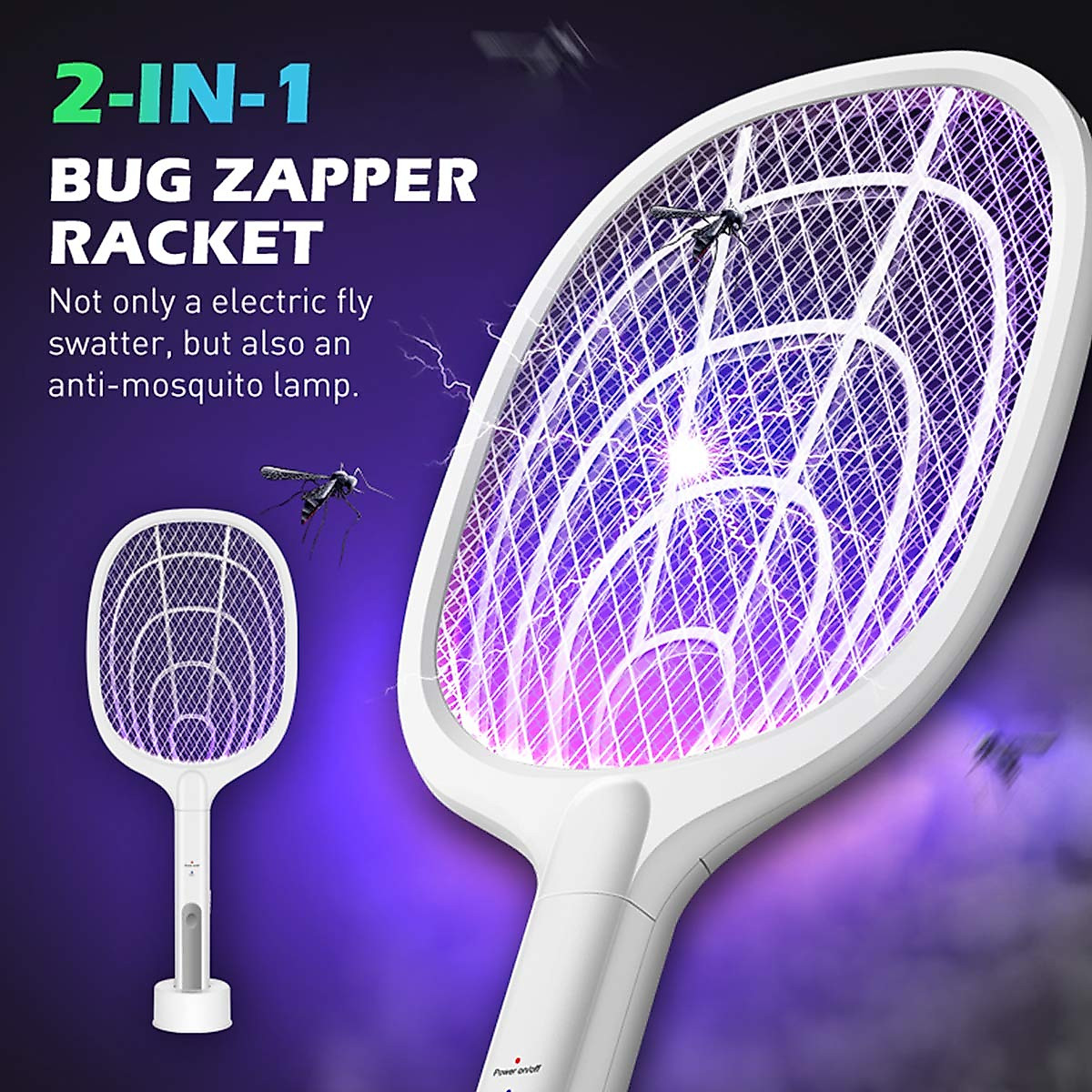 Bug Zapper, 3000 Volt Indoor & Outdoor Electric Fly Swatter,USB Rechargeable Mosquito Killer Racket for Home Bedroom, Kitchen,Office, Backyard, Patio,Safe to Touch with 3-Layer Safety Mesh-2 Pack