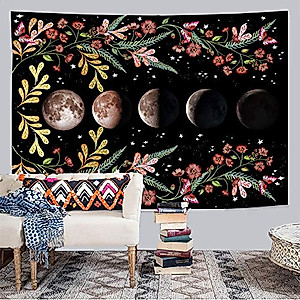 Fendio Black Moonlit Garden Tapestry, Moon Phase Star Surrounded by Flowers Vine Black Wall Hanging Blanket for Room