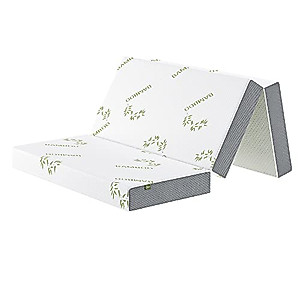 TeQsli Folding Mattress Queen, Gel Memory Foam Portable Tri-Fold Mattress Topper 4 Inch with Washable Bamboo Cover, Non-Slip Bottom, Breathable Mesh Sides for Traveling, Camping, Guest Bed