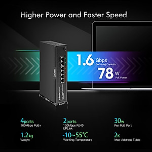 MokerLink 6 Port PoE Switch with 4 Ports PoE+, 2 Fast Ethernet Uplink, 10/100Mbps, 78W High Power, Support IEEE802.3af/at, Fanless Metal Plug & Play PoE+ Network Switch