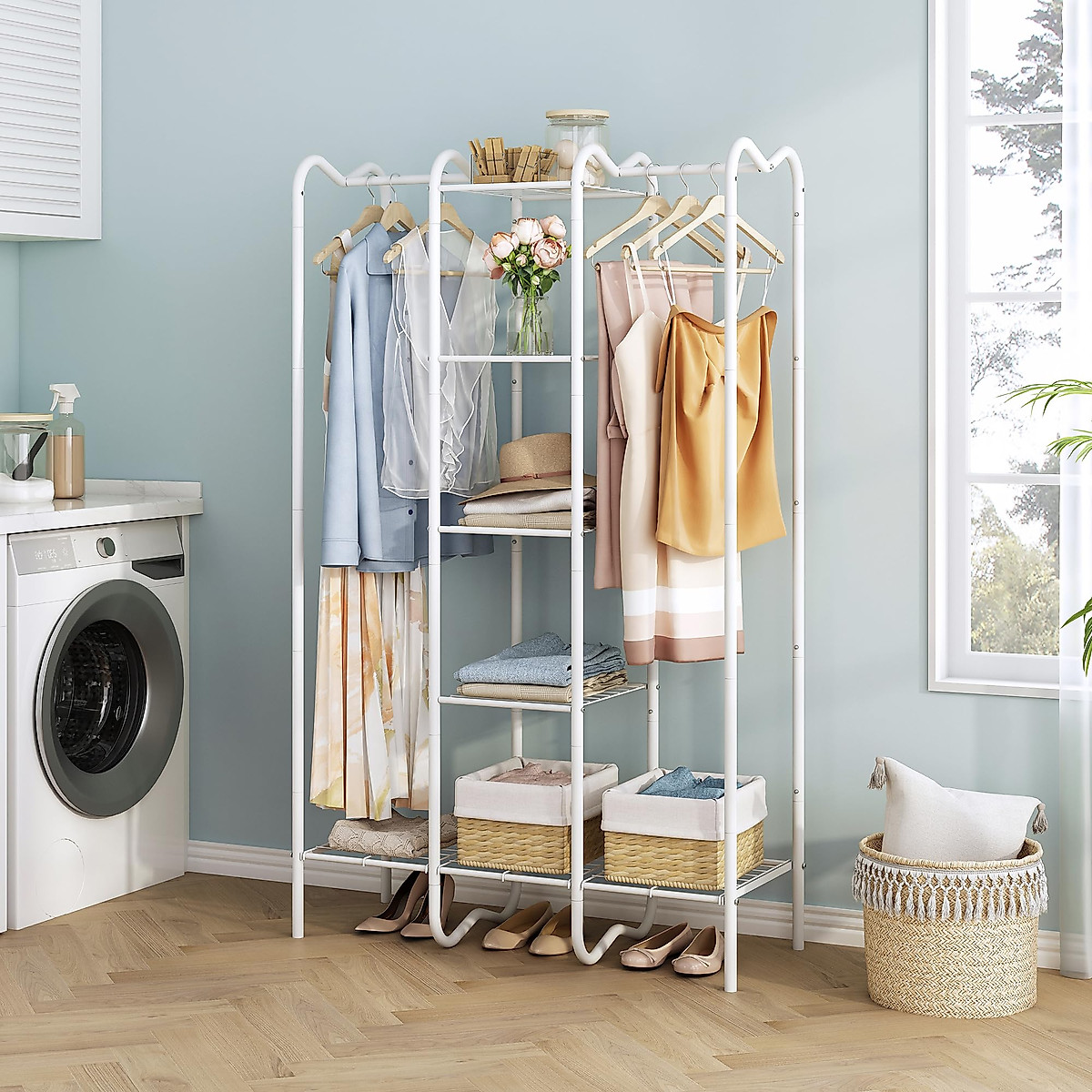 Gewudraw Wardrobe Closet with 4 Metal Shelves, Freestanding Garment Rack, Heavy Duty Clothing Rack For Hanging Clothes, Portable Clothes Rack, Closet Organizer White