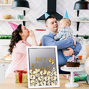 Unittype 71 Pcs Large Size Baby Shower Guest Book Alternative Baby Shower Sign in Guestbook Photo Frame with 70pcs Wood Chips Signature Keepsake for Baby Shower Favor Birthday Party(Grey, Footprint)