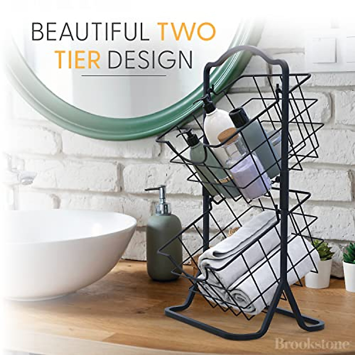 BROOKSTONE, Hand & Face Towel Rack, Bathroom Storage Accessory Holder, 2 Tier Bath Organizer, 2-in-1 Use Also as a Fruit Basket