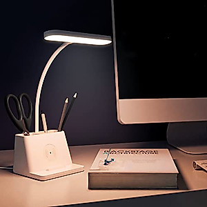 Tapwak Small Desk Lamp with Wireless Charger, White Gooseneck Desktop Lamp, Study Lamps for Bedrooms/Small Spaces Desk Lights for Home Office with Pen Holder, Cute Desk Lamp for College Dorm Room