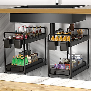 2Pack Under Sink Organizers and Storage,2Tier Pull Out Bathroom Cabinet Organizer with Sliding Drawers,Black Sliding Organization and Storage for Bathroom,Kitchen,Countertop,Black, free size