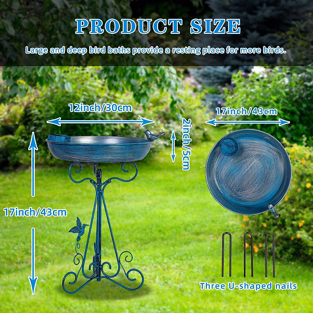 DREAMSOUL 12 inch Bird Bath with Stand, Blue Bird Baths for Outdoors, Metal Birdbath with Folding Bracket for Patio Lawn Garden Decor