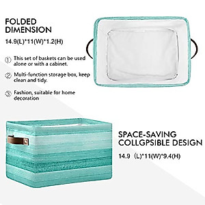 Large Foldable Storage Basket, Teal Turquoise Green Wood Fabric Storage Bin Organizer Bag with Handles 15 x 11 x 9.5 inch