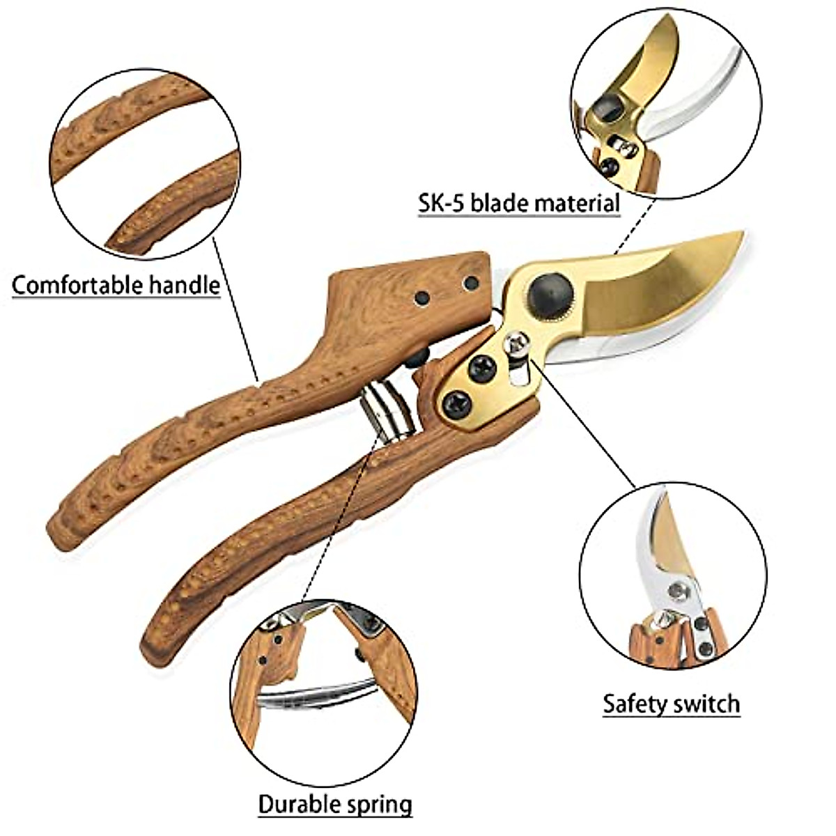 S.yeoo 8" Gardening Shears, Professional Bypass Pruner Hand Shears, SK5 Stainless Steel Blade, Clippers for Plants, Gardening, Trimming, Garden Tools (Wood Grain)