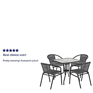 Flash Furniture 5-Piece 28" Square Indoor/Outdoor Patio Table and Chairs Set, Glass Metal Bistro Table and 4 Stacking Rattan Chairs, Gray