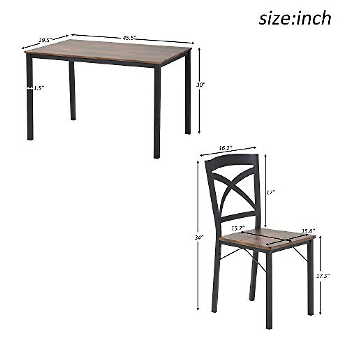 KoiHome 5-Piece Industrial Dining Metal Frame and Wooden Tabletop for 4 People, East-West Furniture Set with Rectangular Table and 4 Ergonomic Chairs for Kitchen,Resturant, Brown