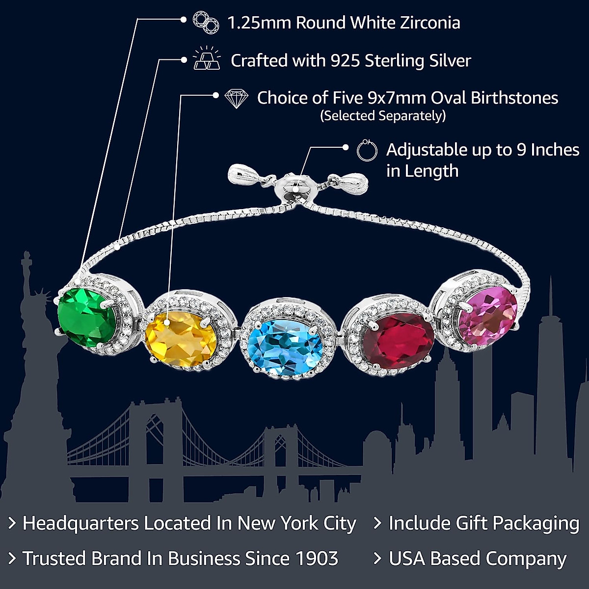 Gem Stone King 925 Sterling Silver 9X7MM Oval Gemstone Birthstone 5-Stone Tennis Bracelet For Women | Fully Adjustable Up to 9 Inch