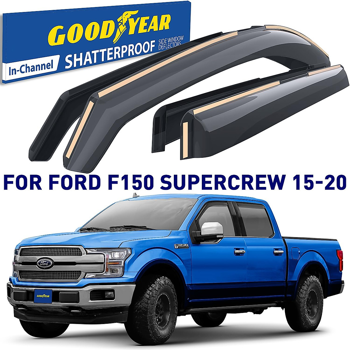 Goodyear Shatterproof in-Channel Window Deflectors for Ford F150 2015-2020 SuperCrew (fit for Ford F250-F550 17-23), Rain Guards, Window Visors, Vent Deflector, Truck Accessories, 4 pcs- GY003407