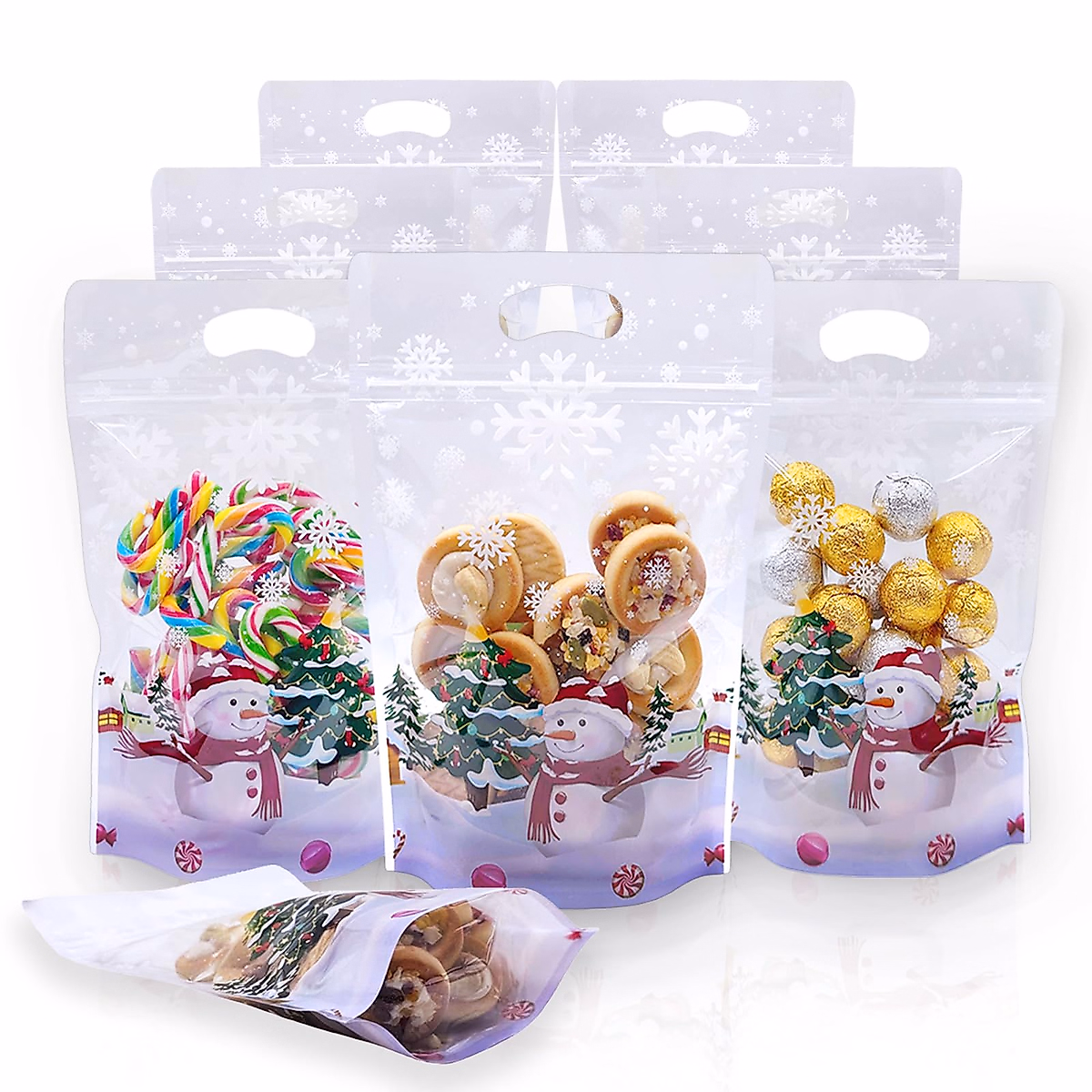 Rikolto Resealable Christmas Zip Lock Bags 50PCS Clear Christmas Cookie Sealing Bags with Handles Snowman Plastic Bags for Xmas Holiday Party Candy Small Gift Wrapping Supplies Decor