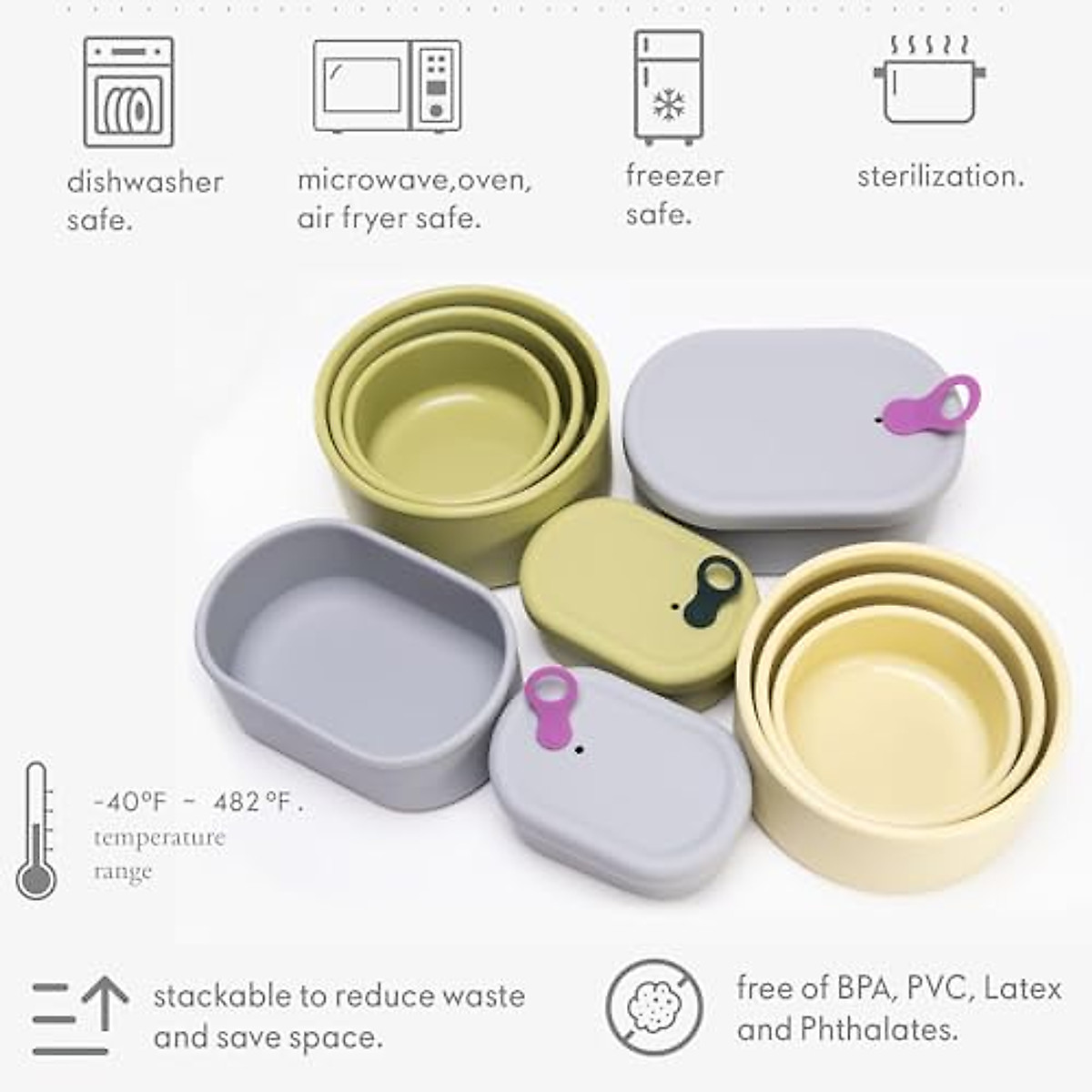 Lagomian Made in Korea, Set of 3 Nesting Hard-Shell Silicone Food Storage Containers | BPA Free, Airtight, Microwave, Dishwasher, Freezer Safe - Bento Lunch Box (Olive)