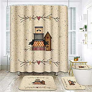 ArtSocket 4 Pcs Shower Curtain Set Cute Little House Cartoon Building Chimney Cottage Countryside with Non-Slip Rugs Toilet Lid Cover and Bath Mat Bathroom Decor Set 72" x 72"