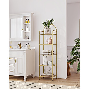 Hzuaneri Bookcase Bookshelf, Tempered Glass Bookshelves, Slim Shelving Unit for Bedroom, Bathroom, Home Office, Steel Frame, 5 Tier Gold BC05001G