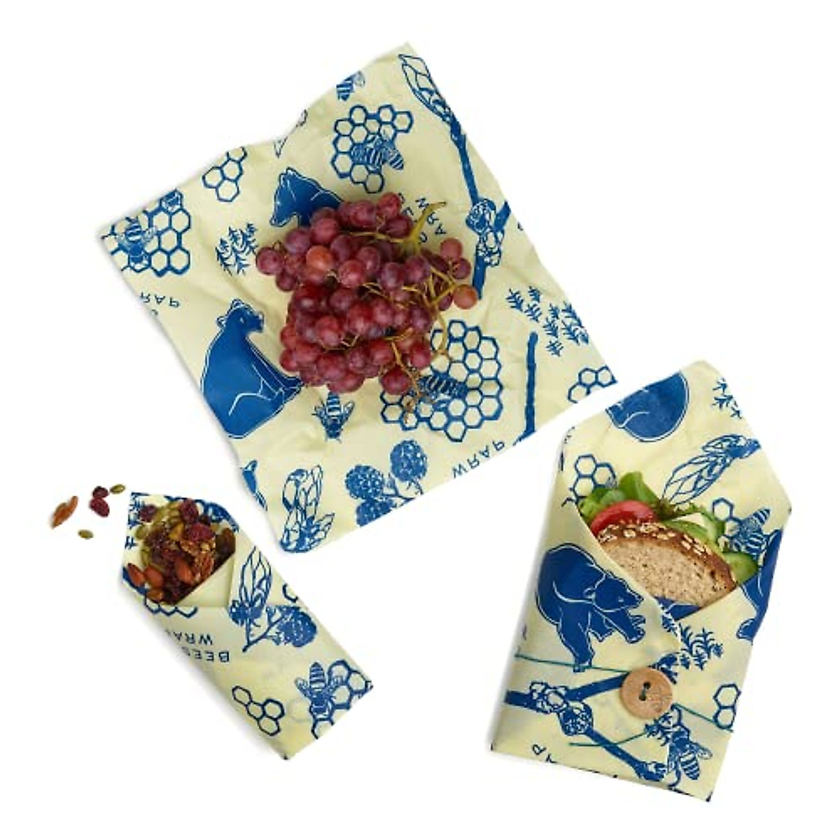 Bee's Wrap - Lunch Pack - Made in the US - Beeswax Food Wrap - Bees and Bears Print - 3 Pieces (Sandwich Wrap, 2 Medium Food Wraps)