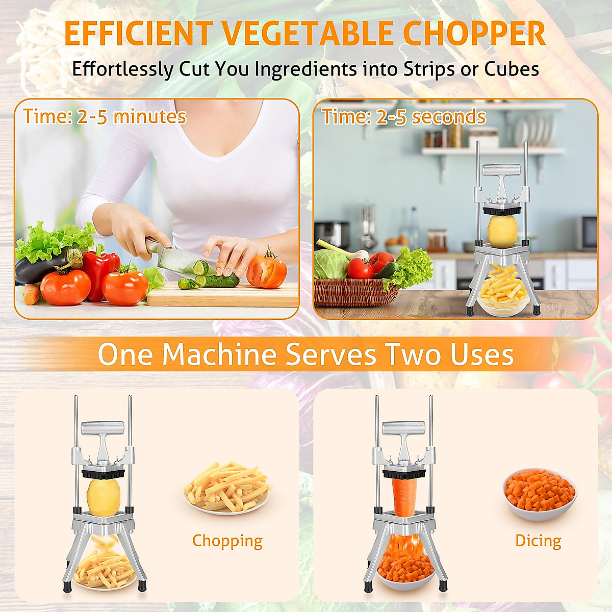WICHEMI Commercial Vegetable Chopper Dicer Commercial Onion Dicer Cutter Stainless Steel Vegetable Fruit Chopper French Fry Cutter Heavy Duty Food Dicer Chopper for Potatoes Peppers Mushrooms (3/8")