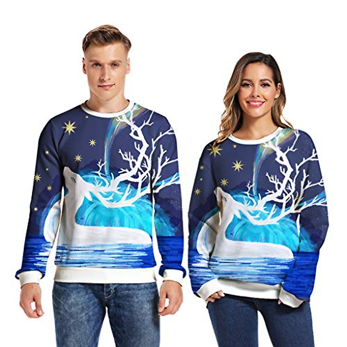 Women's Hoodies Sweatshirt Thenlian Women Christmas 3D Print Long Sleeves O-Neck Pullover Sweatshirt Blouse Tops(M, Blue 3)