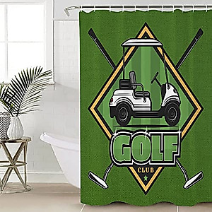 Wohnkutu 4Pcs Bathroom Shower Curtain Set, Balls Sports Theme Bathroom Accessory Shower Curtain Rugs Set, Golf Cart Golf Club Green Ball Field Non-Slip Bath Mat, Toilet Lid Cover, 72"x72"+Samll Set